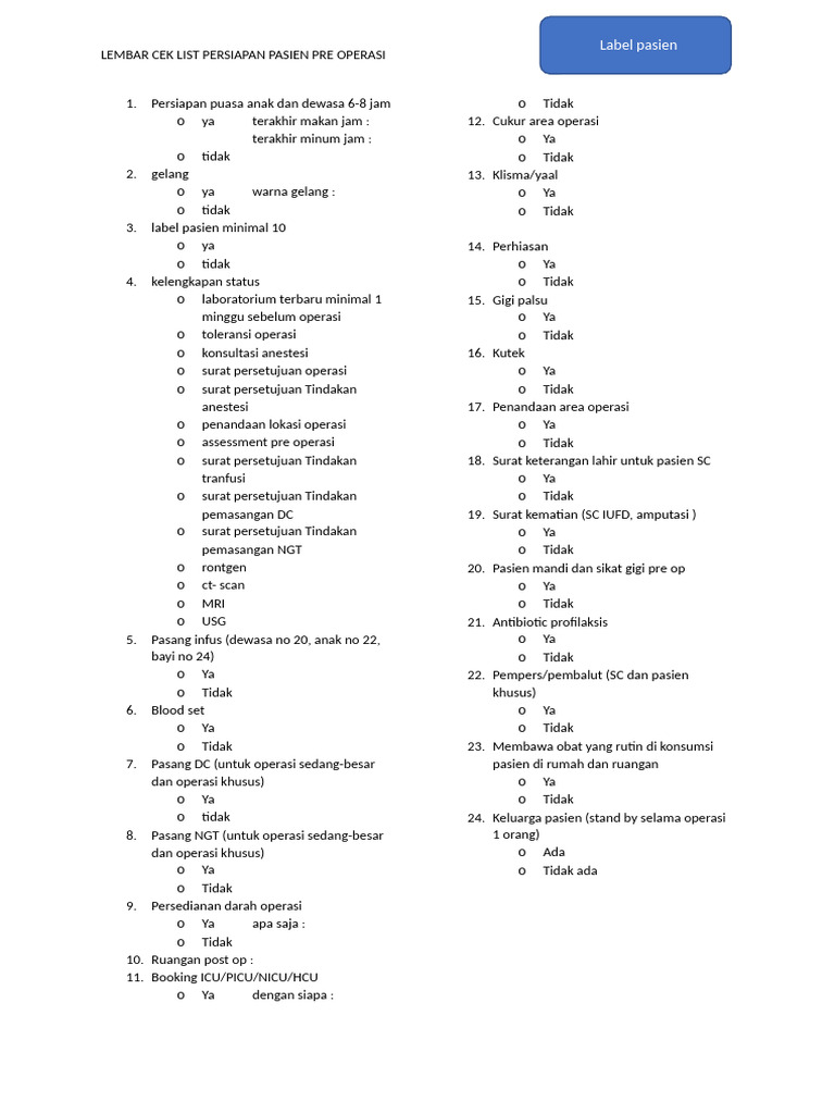 Lembar Cek List Persiapan Pasien Pre Op | PDF
