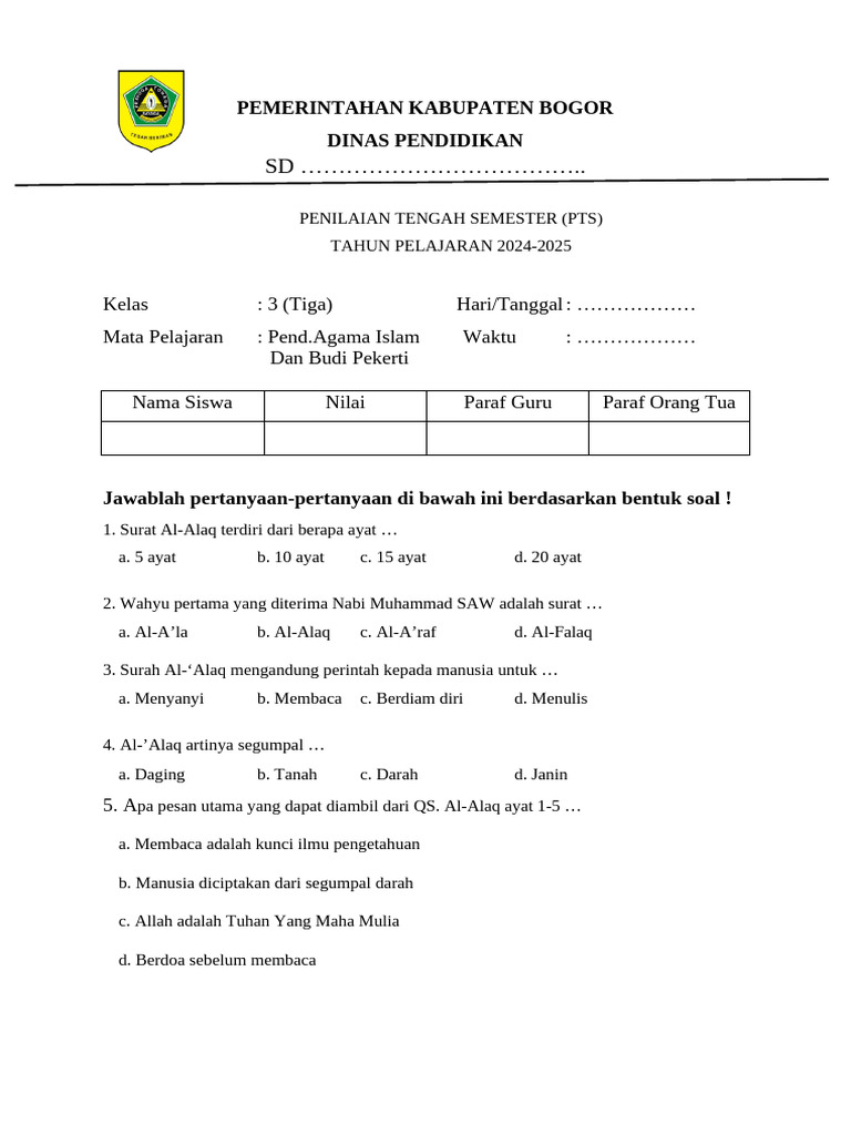 Soal STS PAI Kelas 3 Semester 1 | PDF