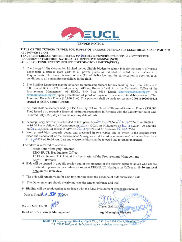 Tender Notice For Dependable Electrical Spare Parts To All Power Plants ...