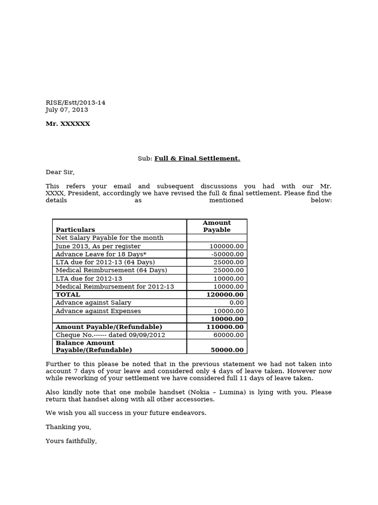 Full & Final Settlement Breakdown | PDF | Finance & Money Management