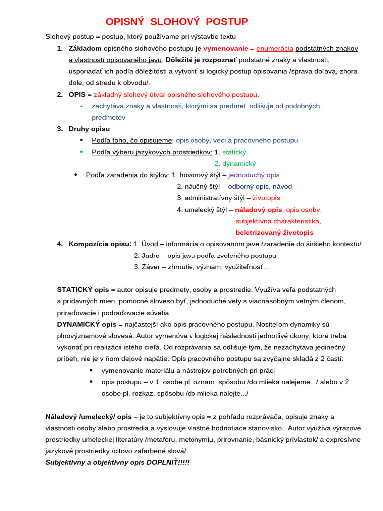 Opisný Slohový Postup | PDF