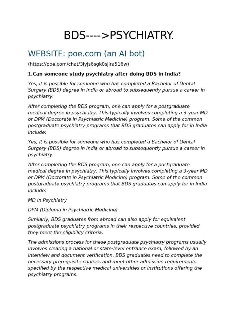 Is There A Way To Study Psychiatry After Doing BDS? | PDF | Dental Degree | Doctor Of Medicine