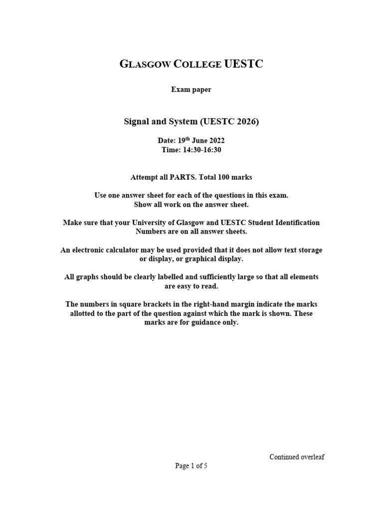 UESTC2026 1 Signals and Systems 202204 | PDF | Applied Mathematics | Computer Engineering