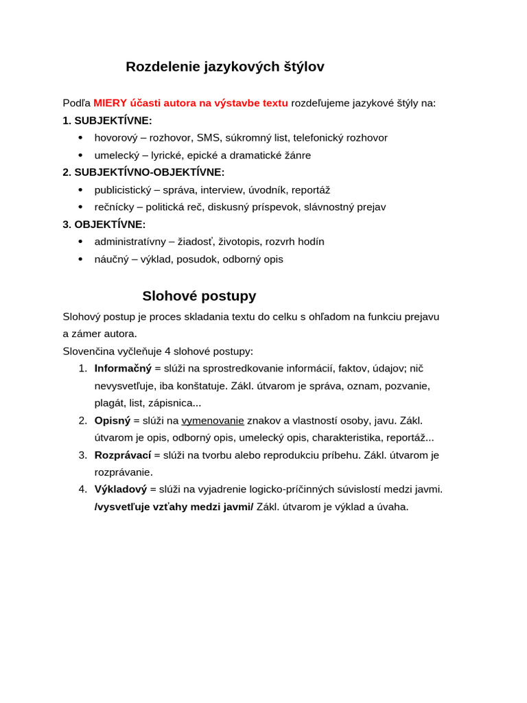 Rozdelenie Jaz. Štýlov A Sloh. Postupy I. | PDF
