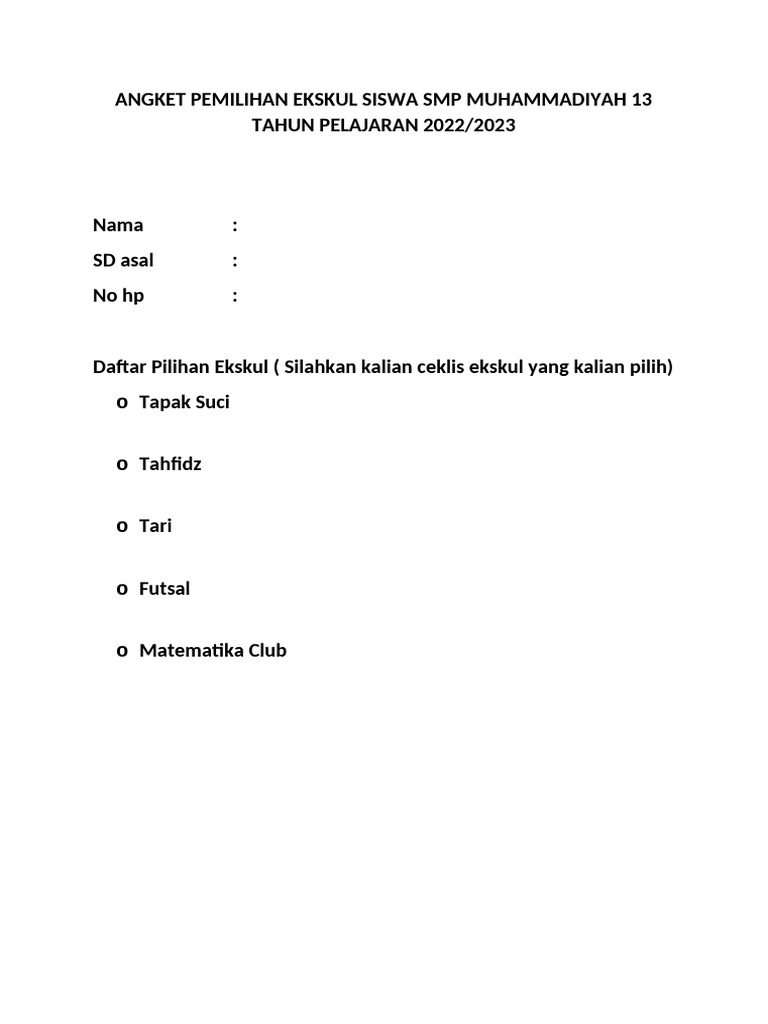 Angket Pemilihan Ekskul Siswa SMP Muhammadiyah 13 Tahun Pelajaran 2022 | PDF