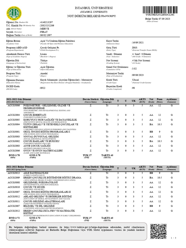 İstanbul Üni̇versi̇tesi̇ Transkri̇pt | PDF