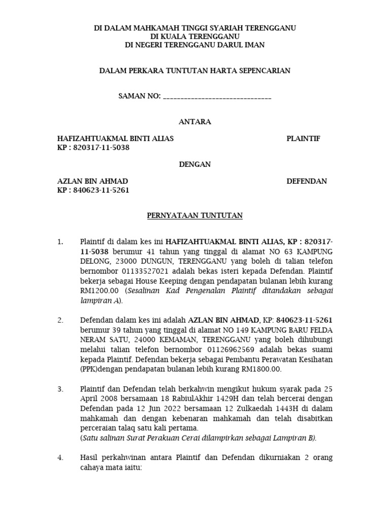 Tuntutan Harta Sepencarian Kes Bercerai Semasa Hidup Dan Bercerai (Hafizahtuakmal Binti Alias) | PDF