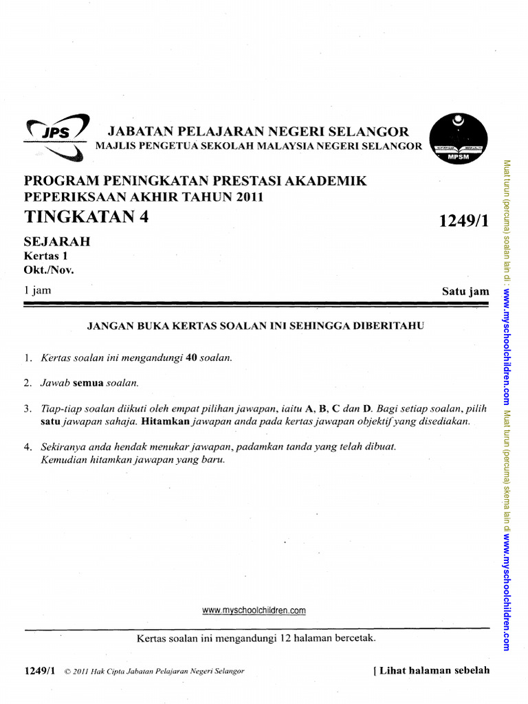 Sejarah k1 2 Tingkatan 4 Pat 2011 Selang | PDF