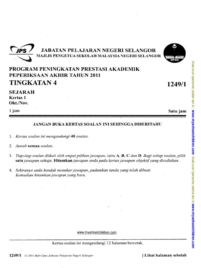 Sejarah k1 2 Tingkatan 4 Pat 2011 Selang | PDF