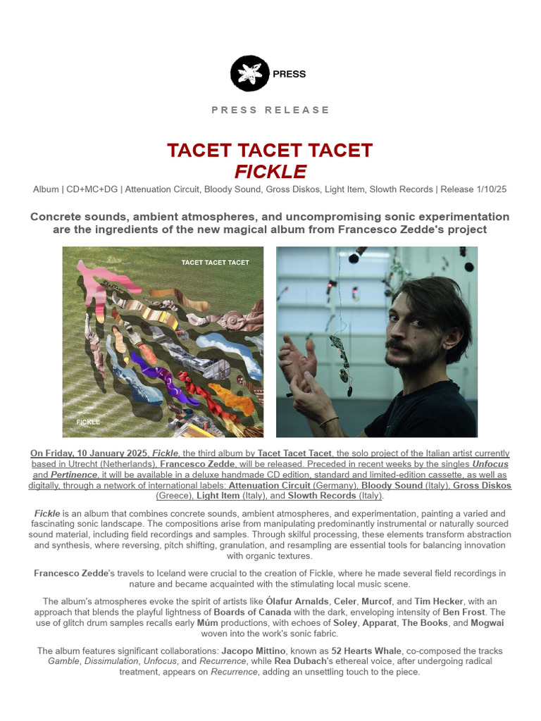 PRESS RELEASE - Tacet Tacet Tacet - Fickle (Album) - En | PDF | Rhythm | Musical Compositions