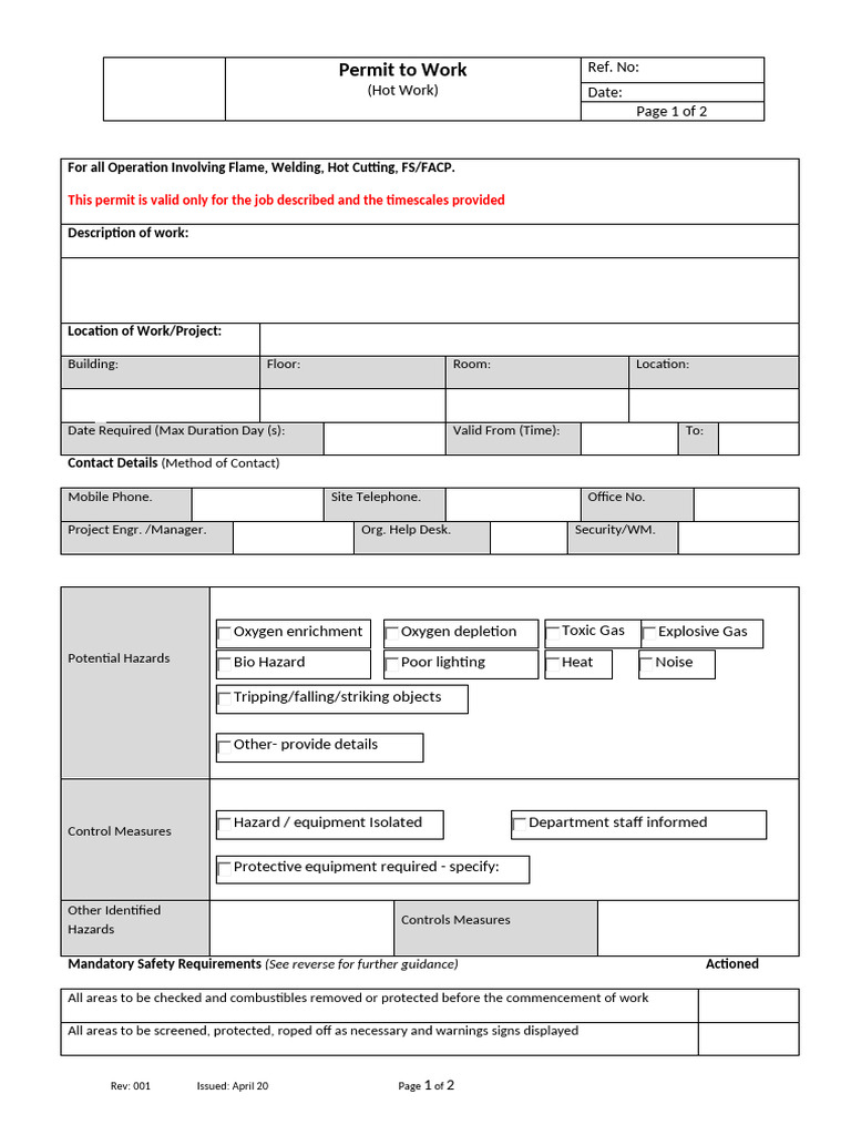 Permit To Work PTW - Hot Work Sample | PDF | Combustion | Hazards