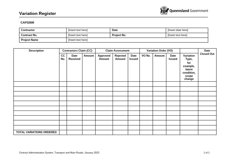 Variation Register Template | PDF