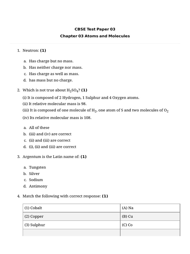 CBSE Atoms and Molecules Test Paper | PDF | Hydroxide | Molecules