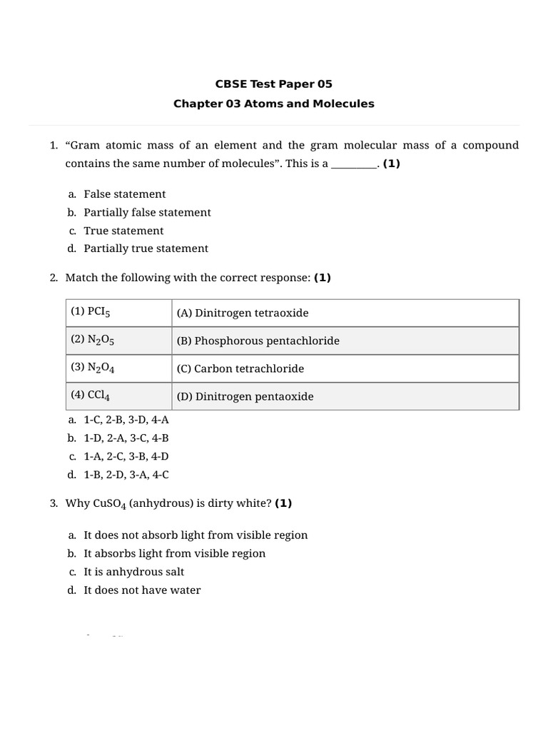 Class 9 Atoms and Molecules Test Paper | PDF | Valence (Chemistry ...
