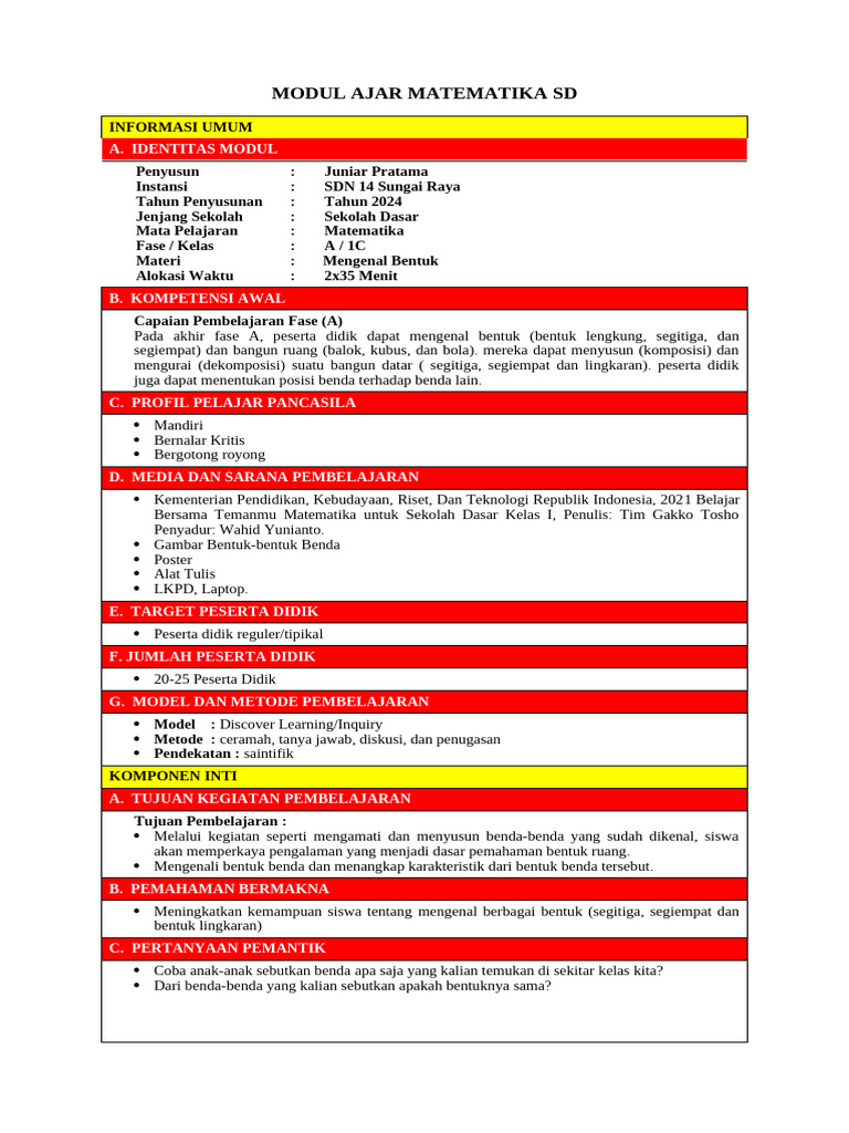 Modul Ajar Matematika SD: Mengenal Bentuk | PDF