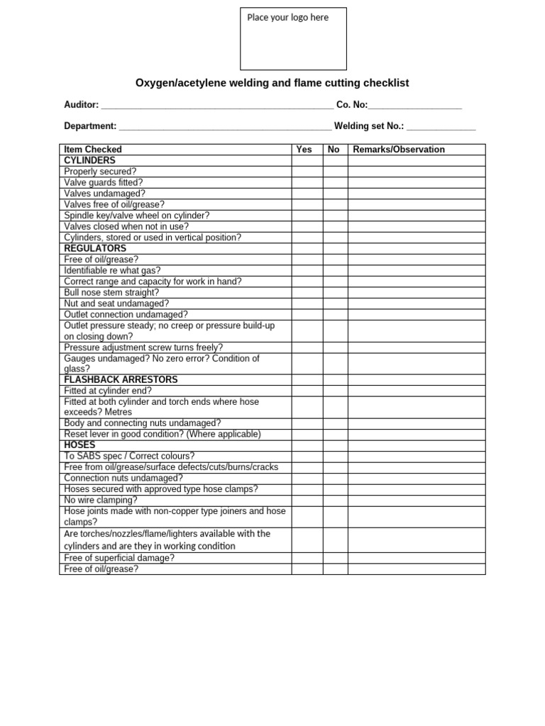 Oxy Acetylene Welding Equipment Checklist | PDF