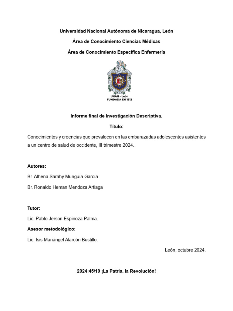 Informe Final - Investigación Descriptiva (Trabajo LIc. Isis) | PDF | El embarazo | Adolescencia