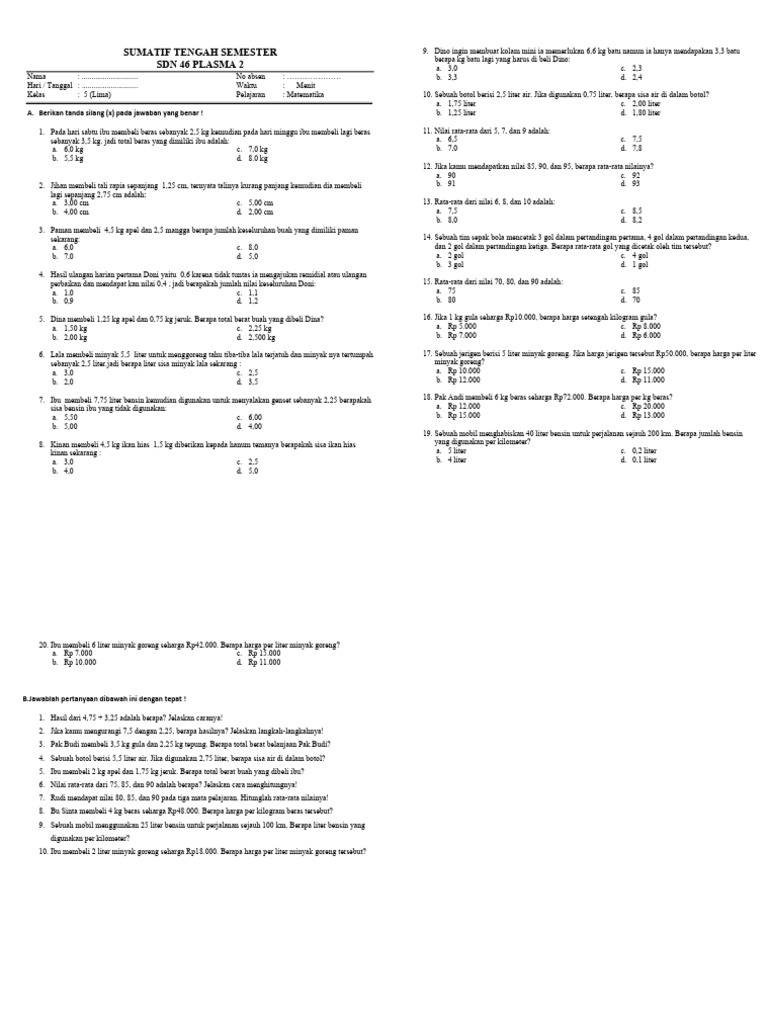 Soal STS MTK KELAS 5 SEMESTER 1 | PDF