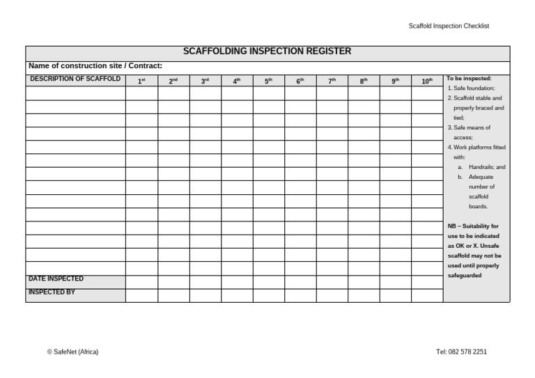 Insp. Checklist 8. Scaffold Inspection Register | PDF | Scaffolding ...