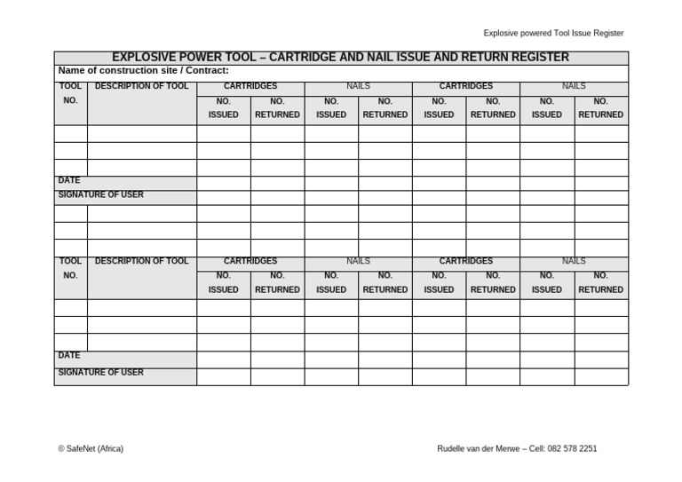Insp. Checklist 6. Explosive Powered Tool Issue Register | PDF