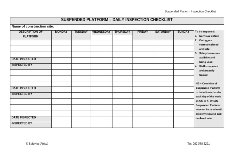 Insp. Checklist 11. Suspended Platform Inspection Checklist | PDF