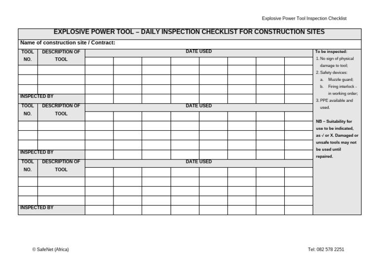 Insp. Checklist 5. Explosive Power Tool Inspection | PDF
