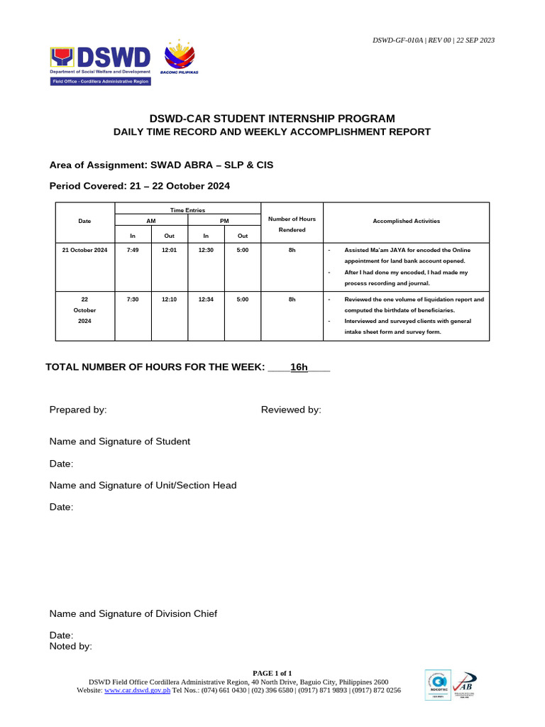 DTR and Weekly AR (Oct. 21-22) (Roselyn) | PDF