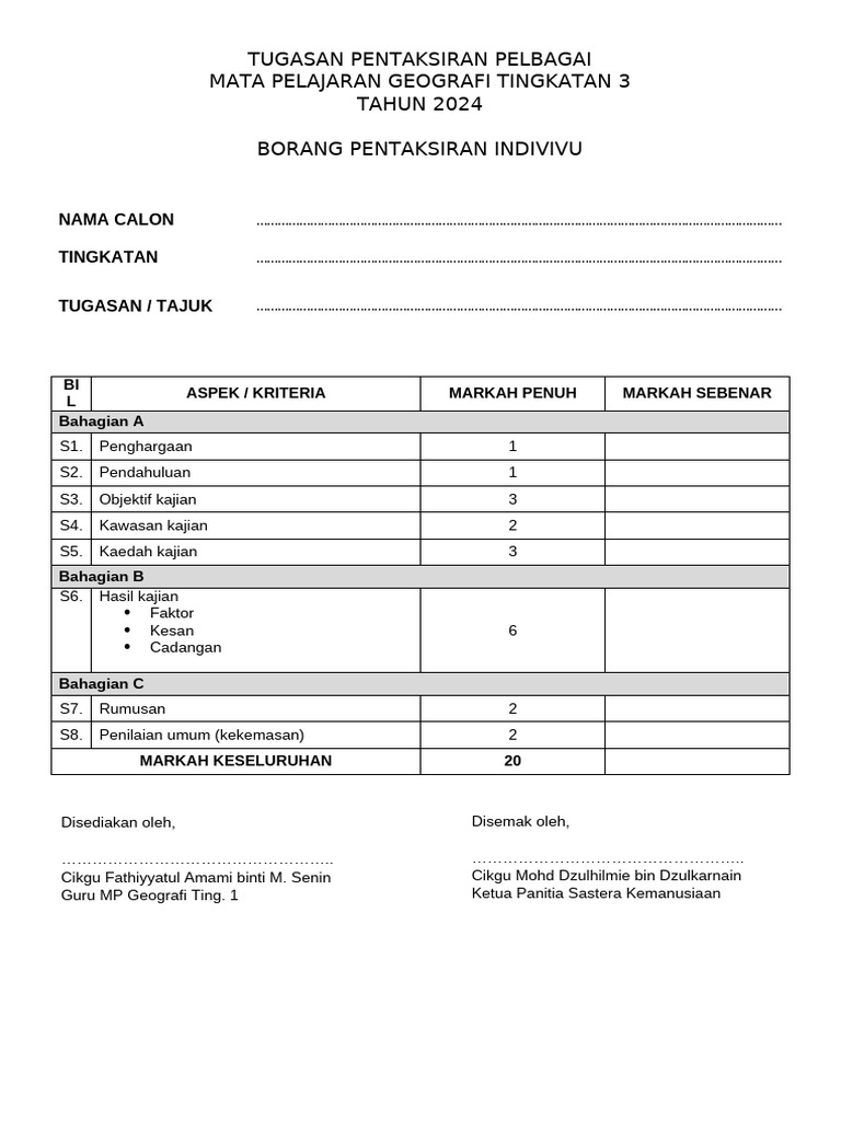 Borang Markah Individu | PDF