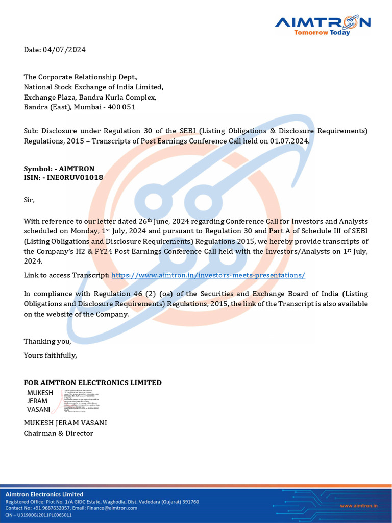 AIMTRON 04072024182505 Intimation TranscriptPostEarningsCall010724 ...