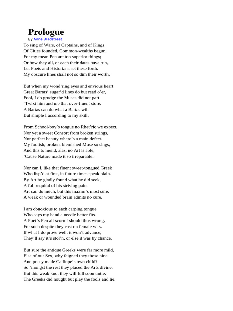 Anne Bradstreet The Prologue | PDF | Poetry
