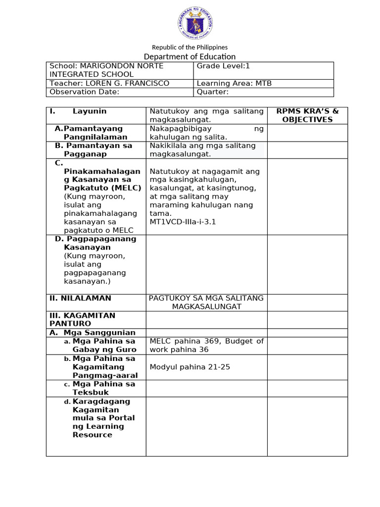 MTB Lesson Plan | PDF