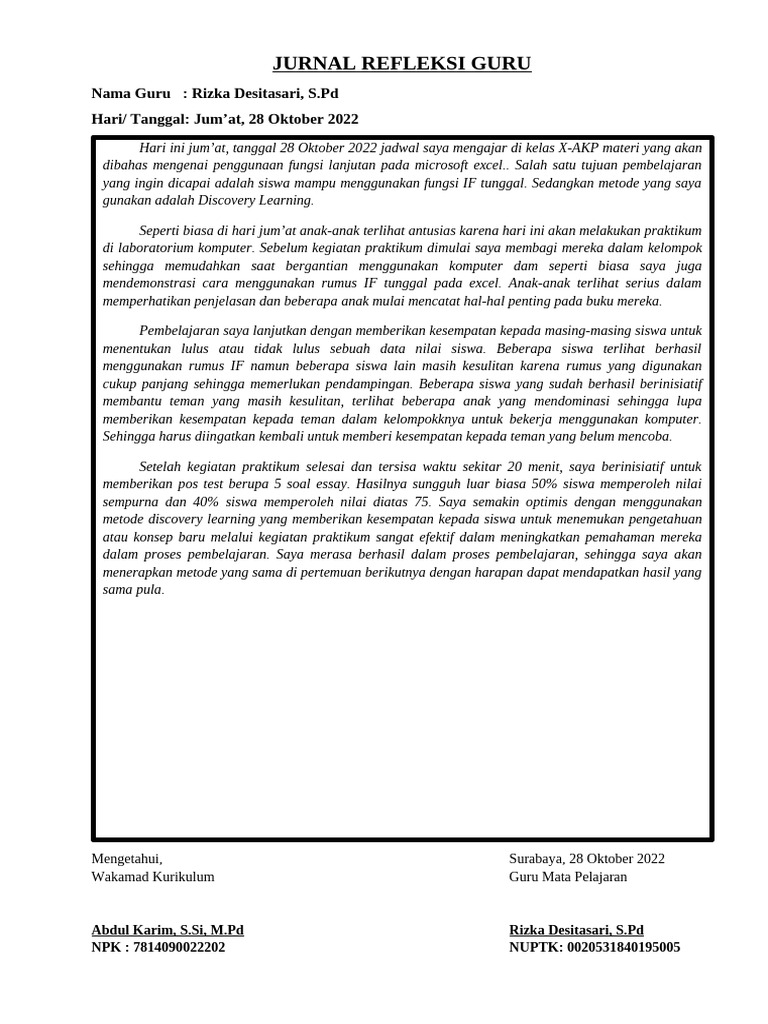 Contoh Format Jurnal Refleksi Guru | PDF