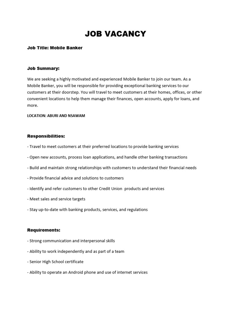 Job Vacancy Advertisement Mobile Banker | PDF | Banks | Sales