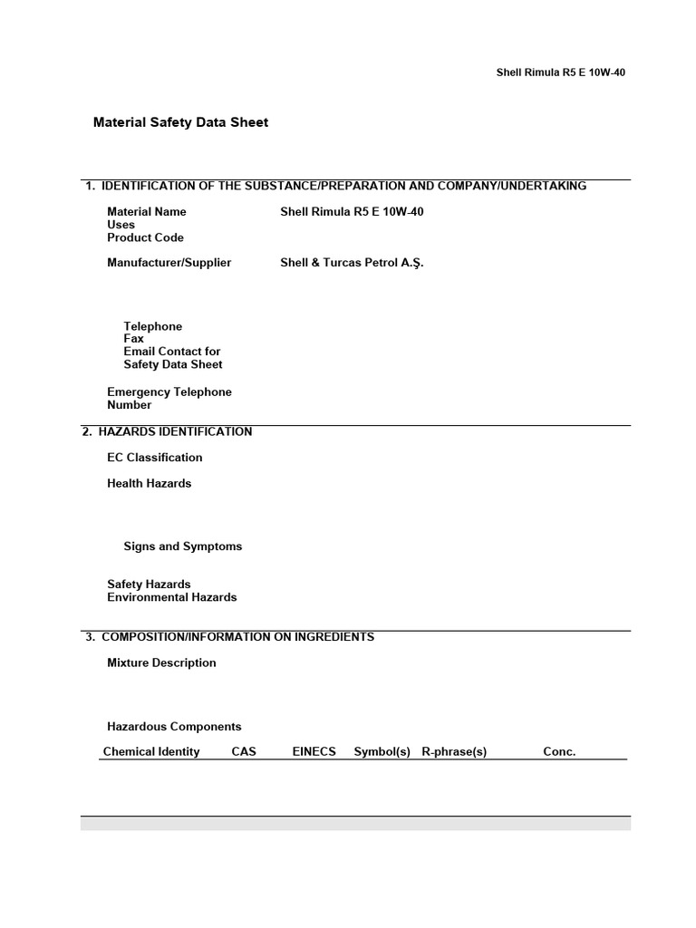 Msds en Shell Rimula r5 e 10w 40 | PDF | Toxicity | Occupational Safety ...
