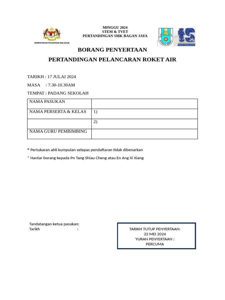 Borang Penyertaan Pelancaran Roket Air 2024 | PDF