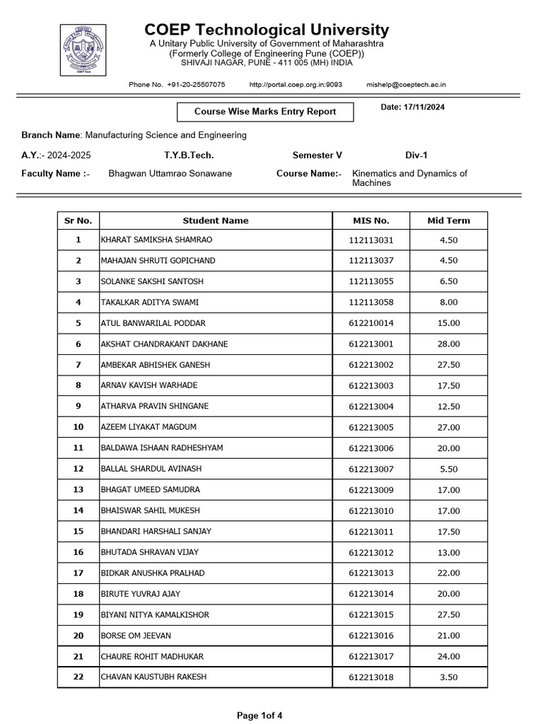 Kinematics and Dynamics of Machines - MID Semester Marks - 2024-2025 | PDF