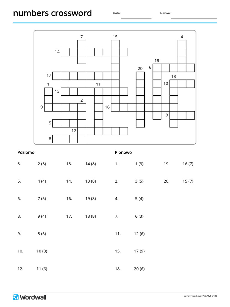 Numbers Crossword Krzyżówka | PDF