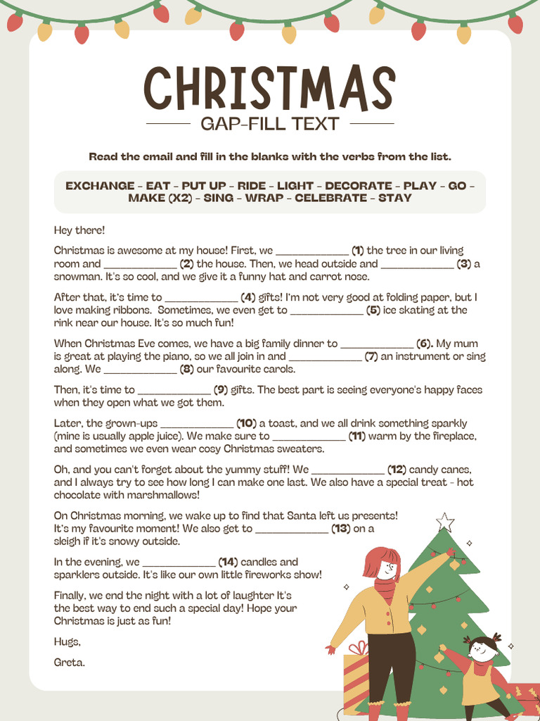 Christmas Gap-Fill Reading Comprehension Worksheet in Brown, Red, Green ...