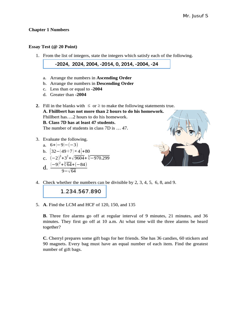 Quis 1-Chapter 1 Numbers | PDF | Teaching Methods & Materials