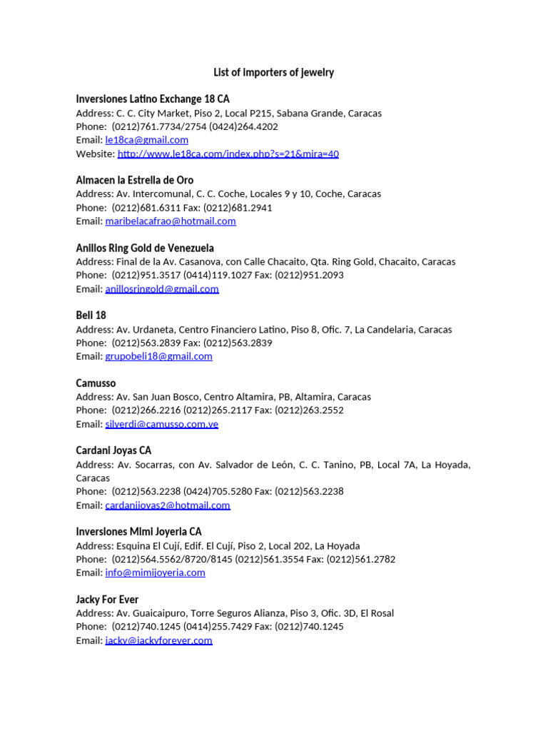 List of Importers of Jewelry | PDF