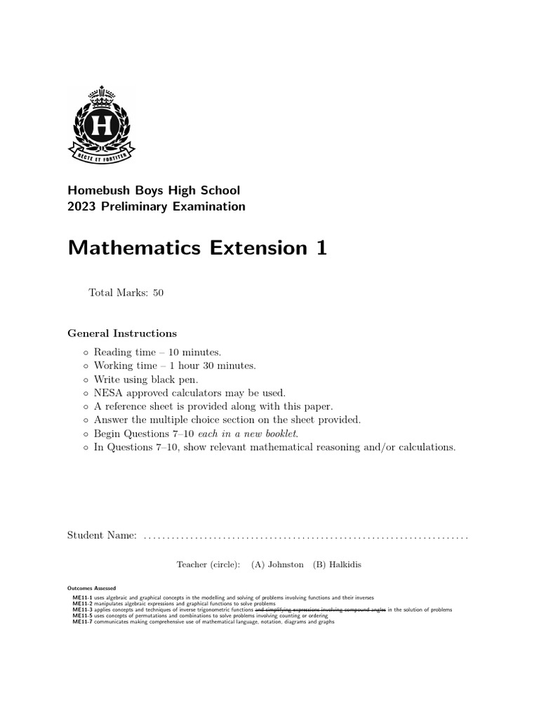 2023 Yr11 MathsEx1 Task3 Exam | PDF | Function (Mathematics) | Mathematics