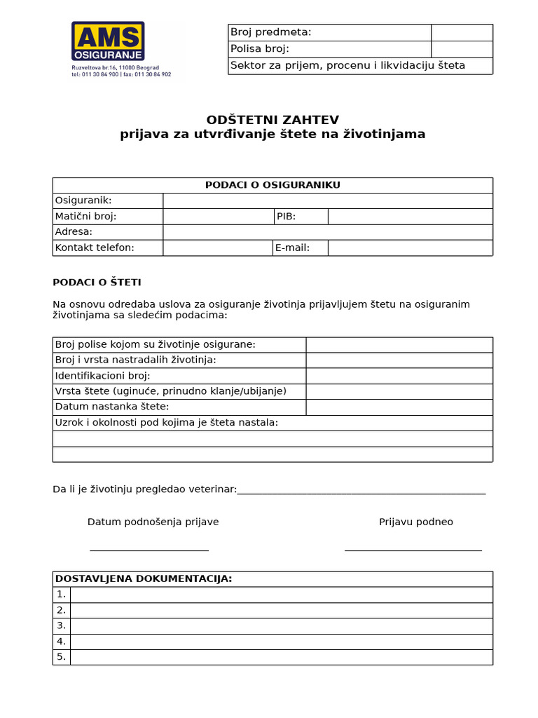 Odstetni Zahtev - Prijava Za Utvrdjivanje Stete Od Zivotinje | PDF