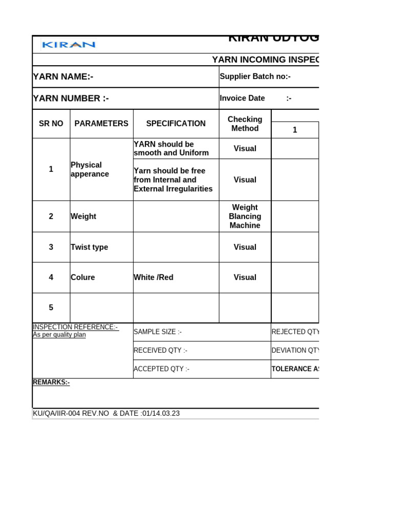 Yarn Incoming Inspection Report | PDF