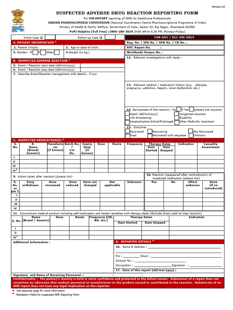 ADR Reporting Form - Single Page | PDF | Clinical Medicine | Pharmacology