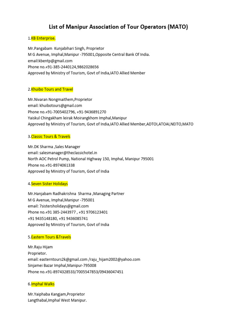 Manipur Tour Operators Directory | PDF | Tourism