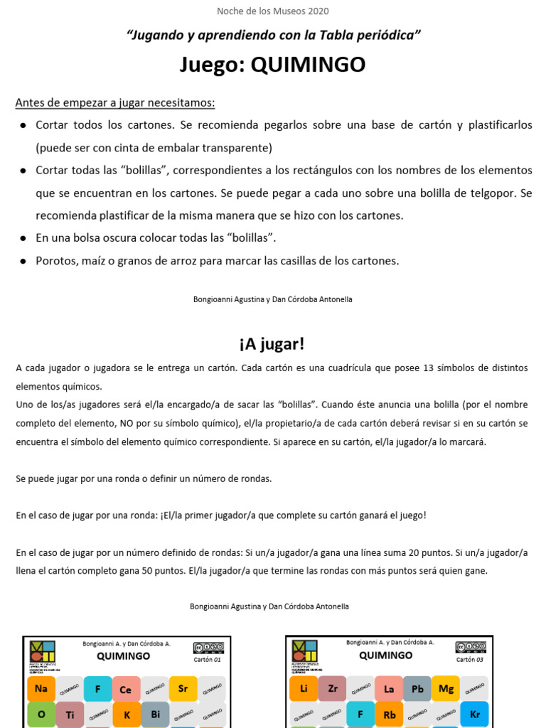 Quiming: Bingo de Química Divertido | PDF | Sustancias químicas | Redox