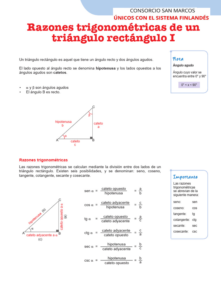 Razones Trigonometricas de Un Triangulo Rectangulos I | PDF | Matemática Elemental | Geometria ...