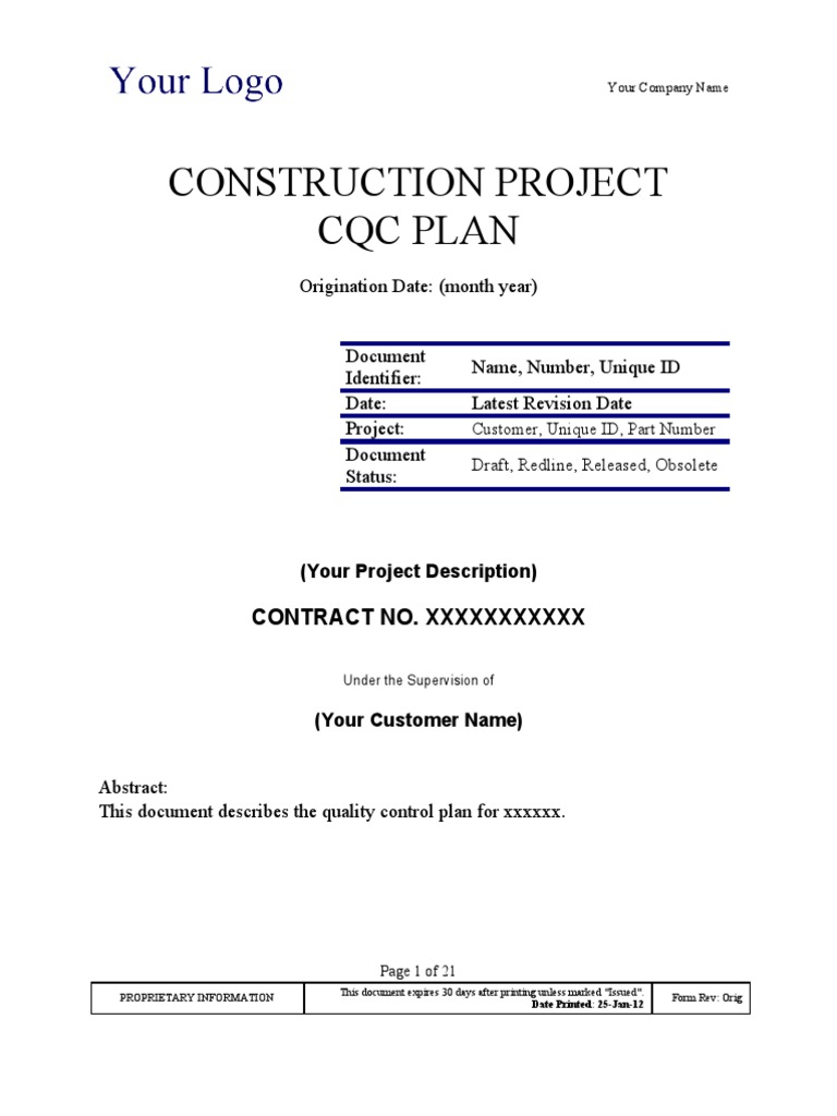 Construction Project Quality Plan BLANK | Download Free PDF | Deep ...