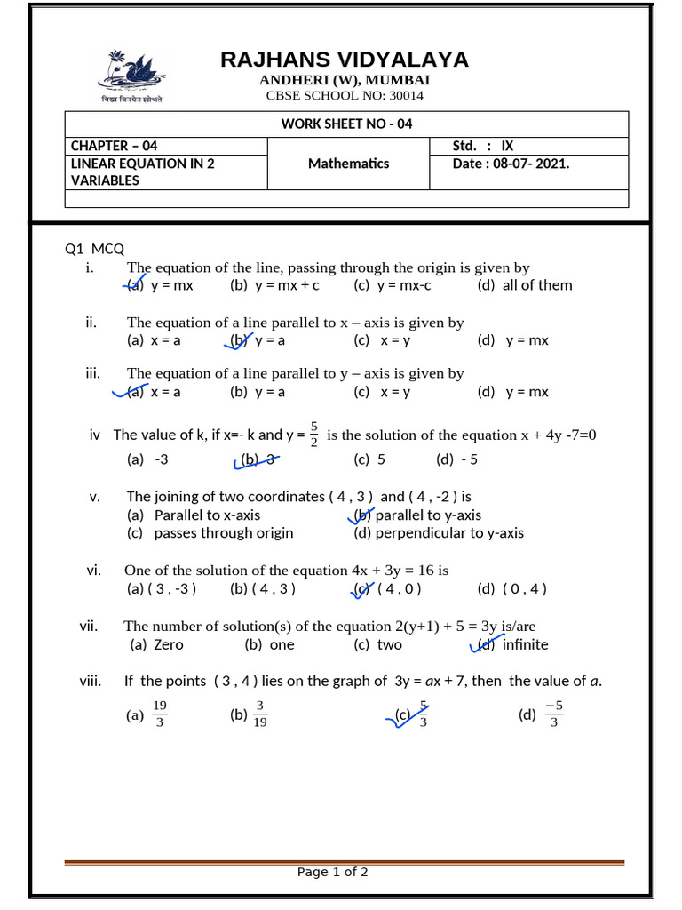 Class 9 Linear Equations Worksheet | PDF | Equations | Cartesian ...