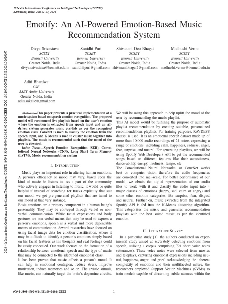 Emotify An AI-Powered Emotion-Based Music Recommendation System | PDF | Artificial Neural ...